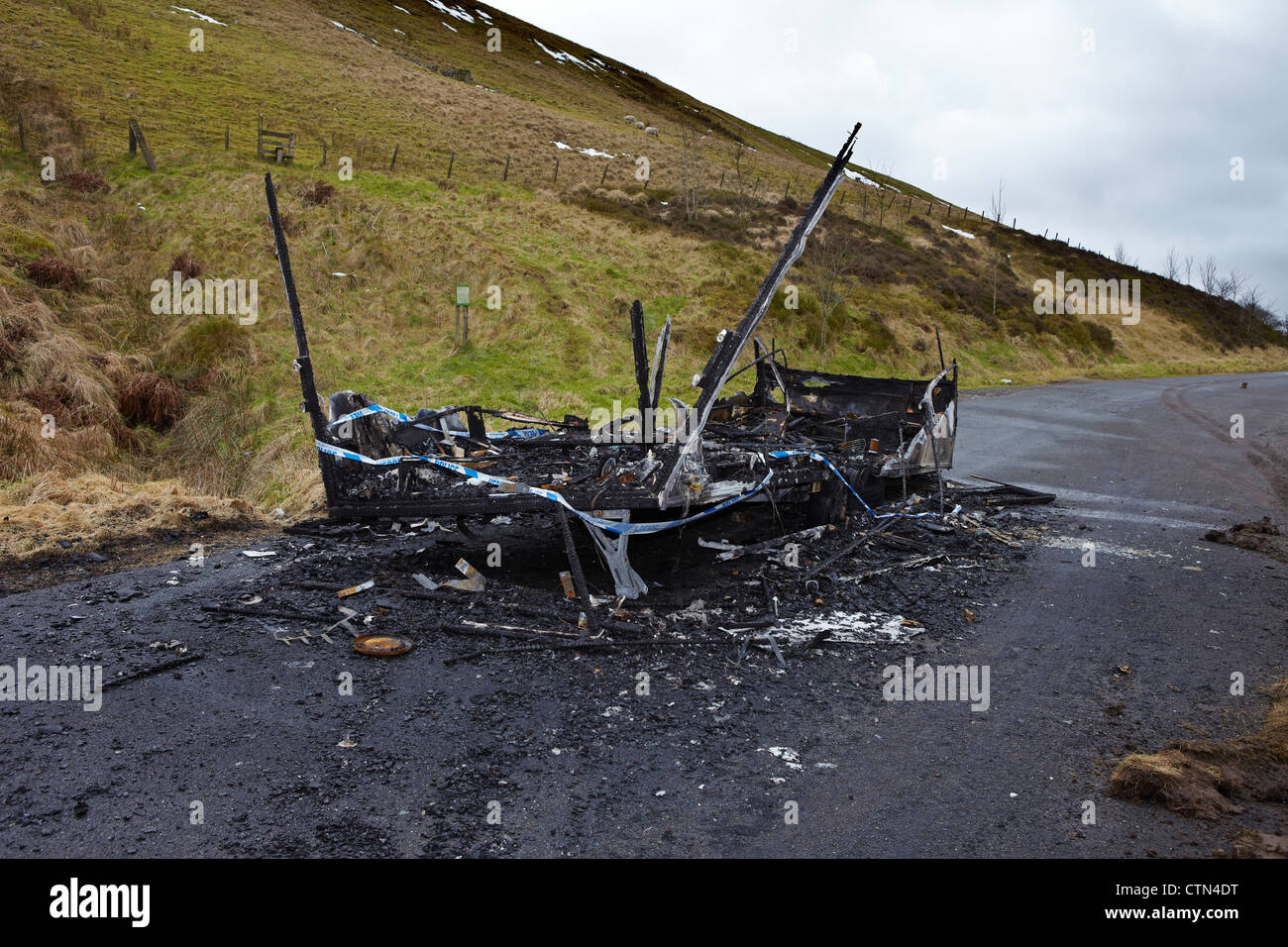 Burnt out Caravan, Layby in Swansea Valley, Wales, UK Stock Photo - Alamy