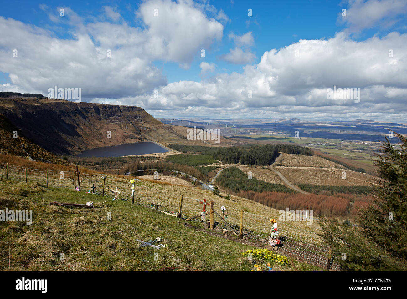 Memorials placed at a viewing site on Rhigos Mountain, Wales, UK Stock ...