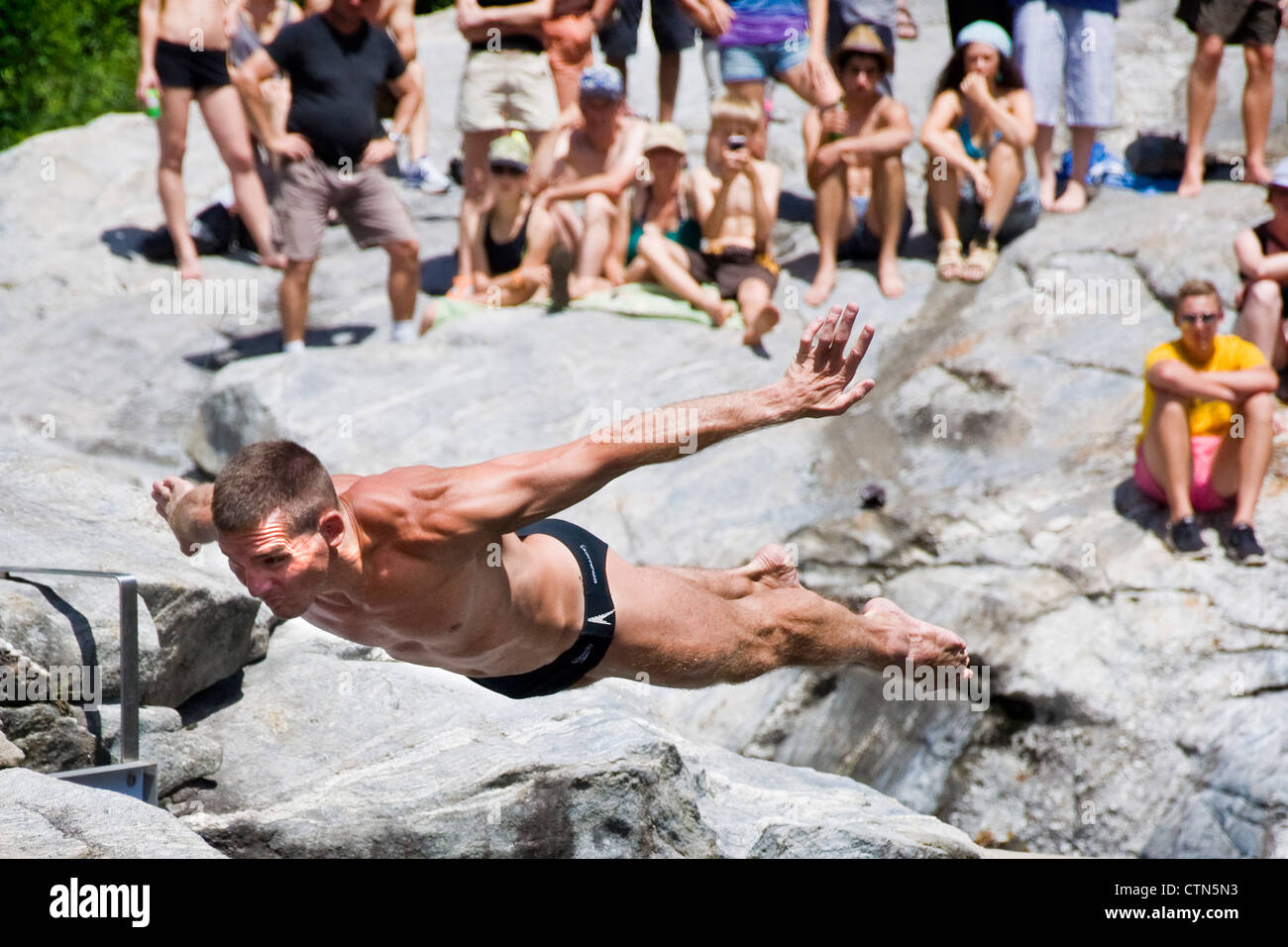 Switzerland, Maggia valley, Ponte Brolla, Cliff diving Stock Photo - Alamy