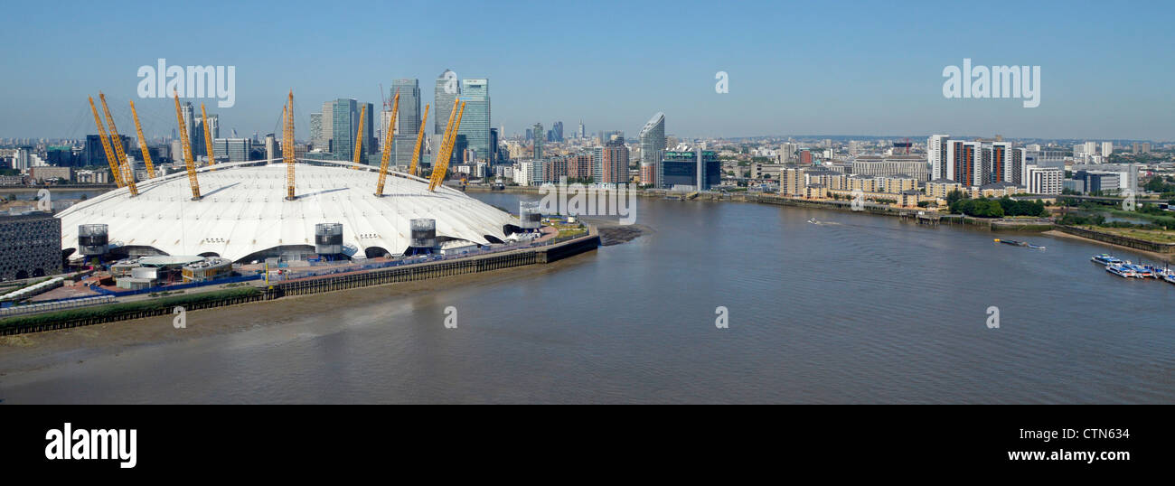 Panoramic aerial vista River Thames views of O2 arena dome on Greenwich ...
