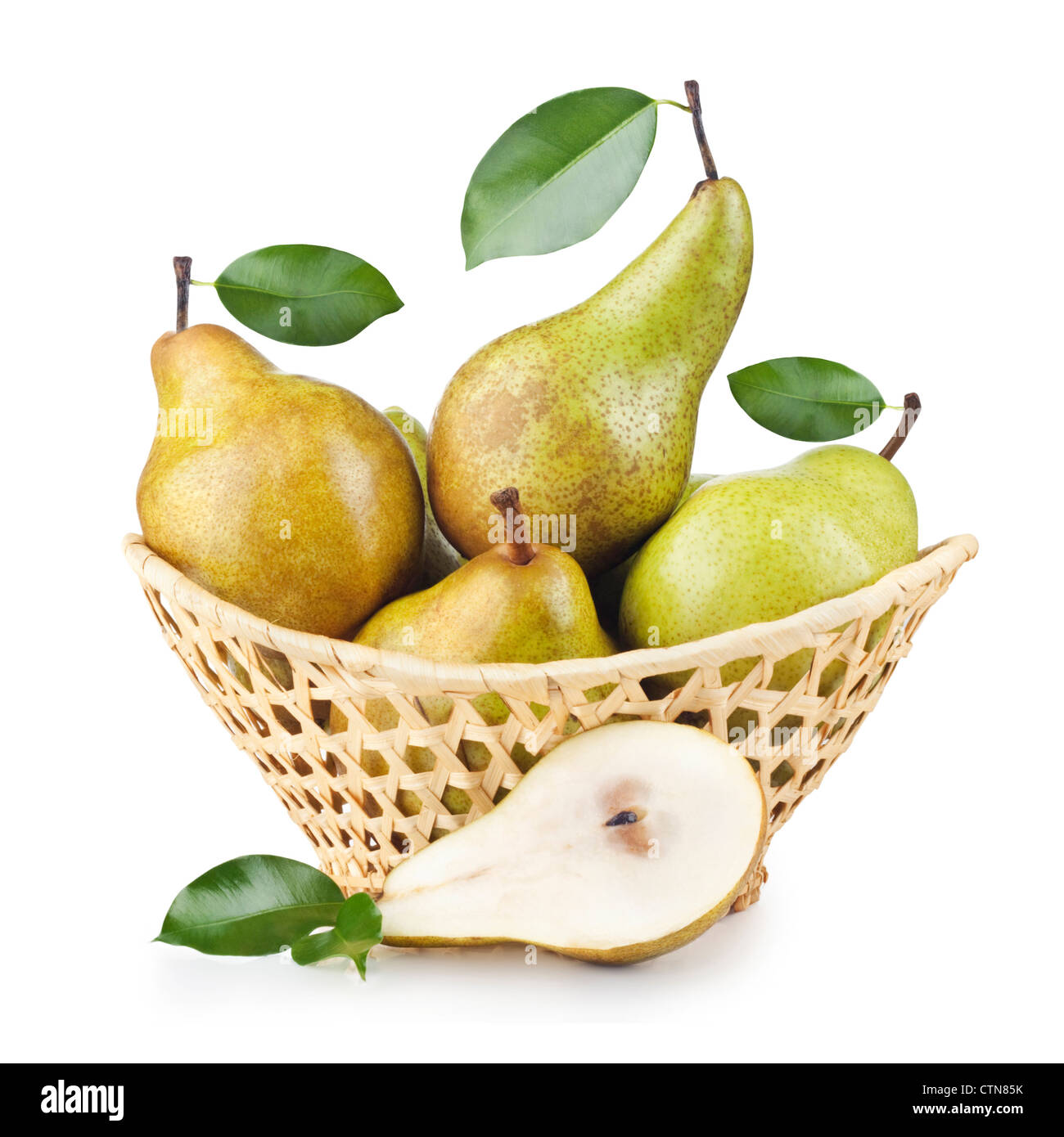 Pears In A Basket On White Background Stock Photo - Alamy