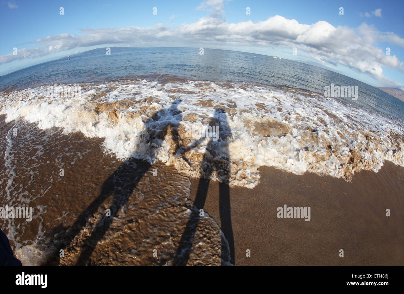 Newlywed couple holding hands with shadows falling across breaking ...