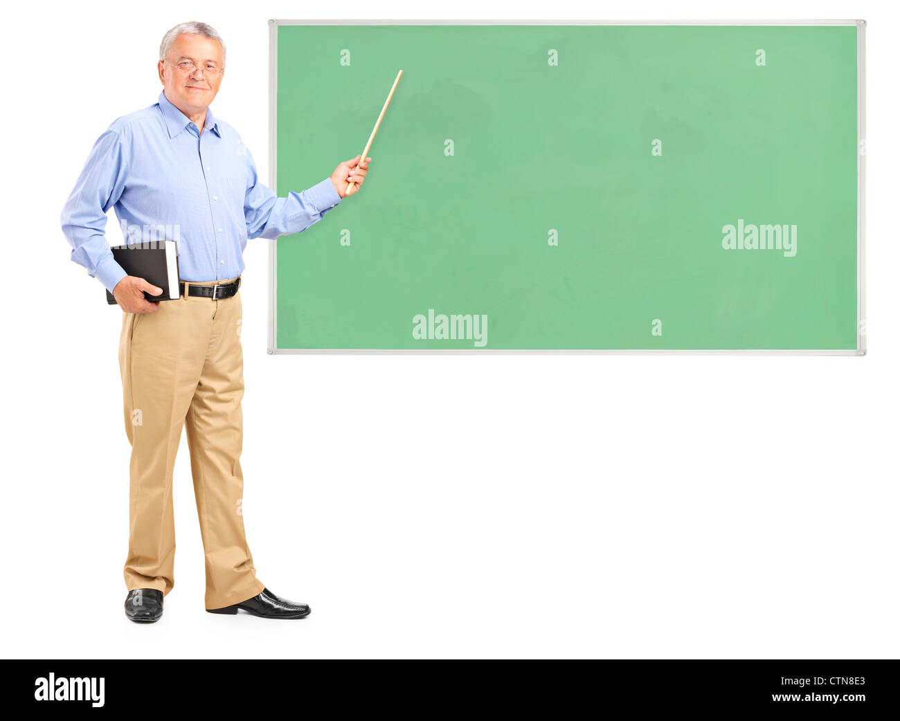 Full length portrait of a male teacher holding a wand and green school ...