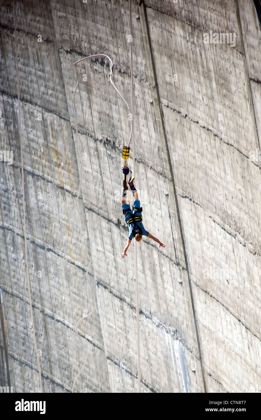 Switzerland, Canton Ticino, Verzasca dam, Bungee jumping Stock Photo ...