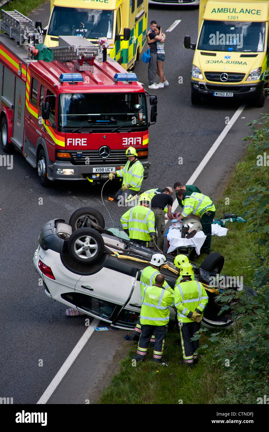 Accident scene on the A30 dual carriageway in Cornwall, where a car has ...