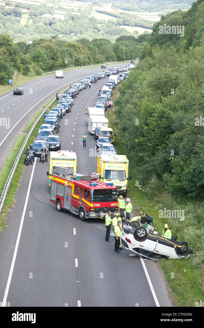 Accident scene on the A30 dual carriageway in Cornwall, where a car has ...