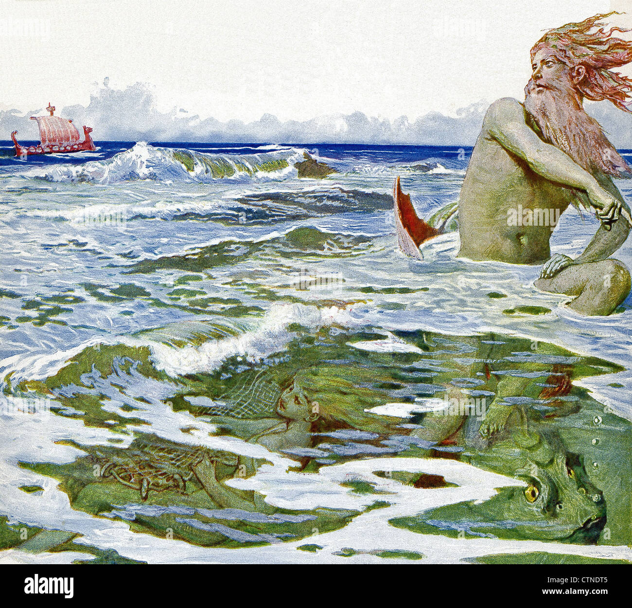 Beneath Aegir's feet is a sea creature. Ran is beneath the water, with ...