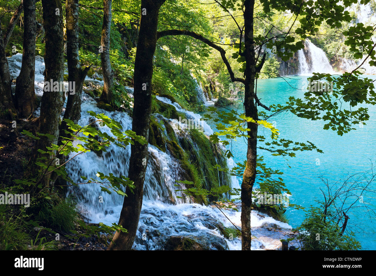 Small waterfall and azure limpid lake in Plitvice Lakes National Park ...