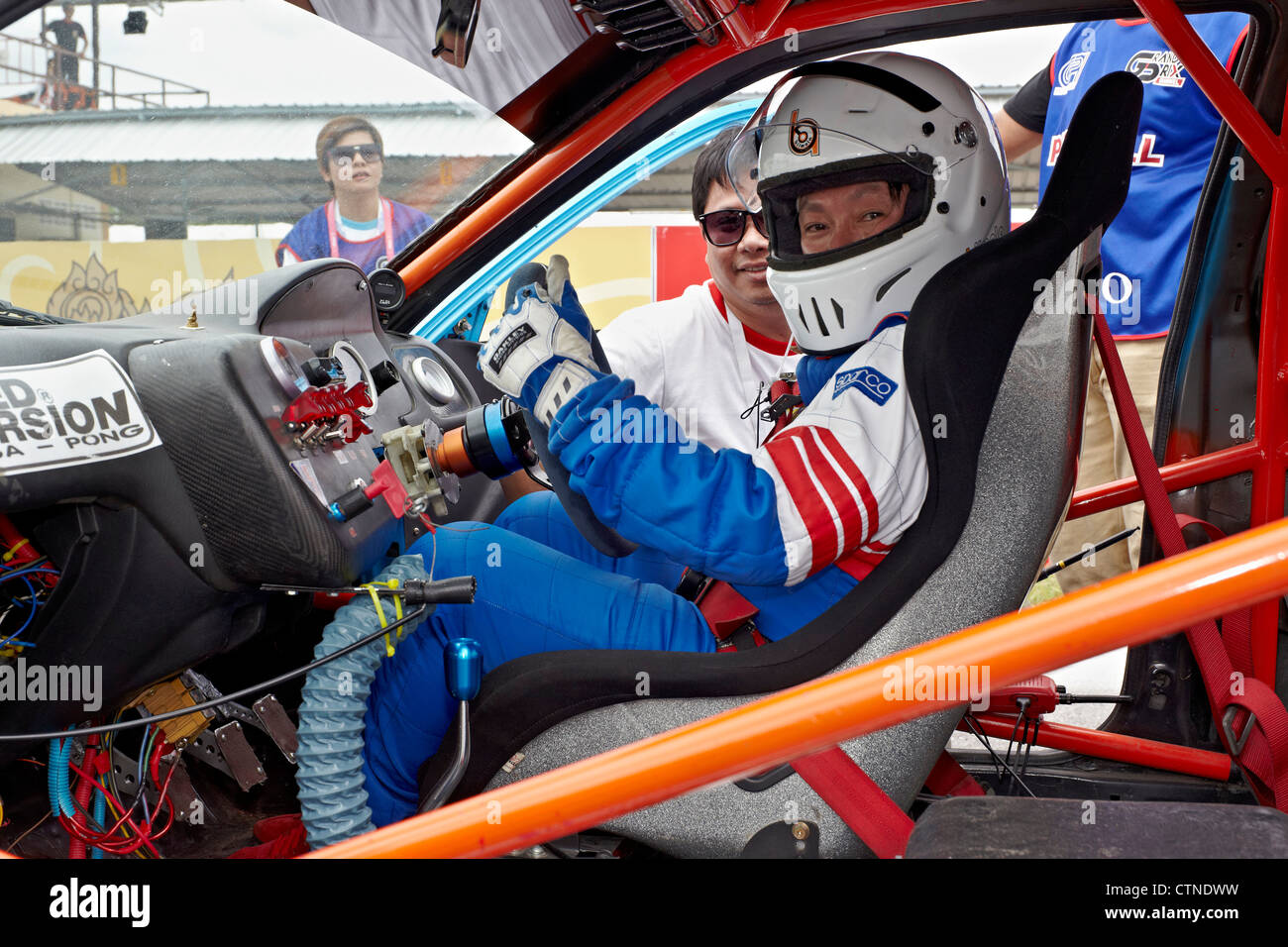 Interior motor racing car. View of driver and safety equipment in a ...