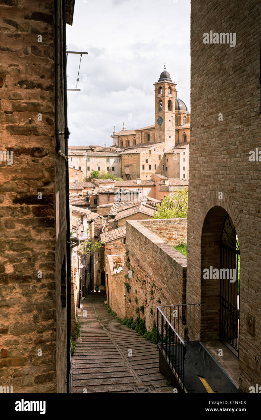 Old Urbino, Italy, cityscape at dull day. Vertical toned and vignetted ...