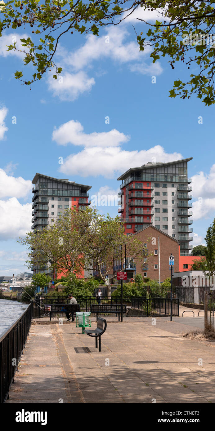 The two towers of Mast House in Woolwich seen from the Thames Path ...