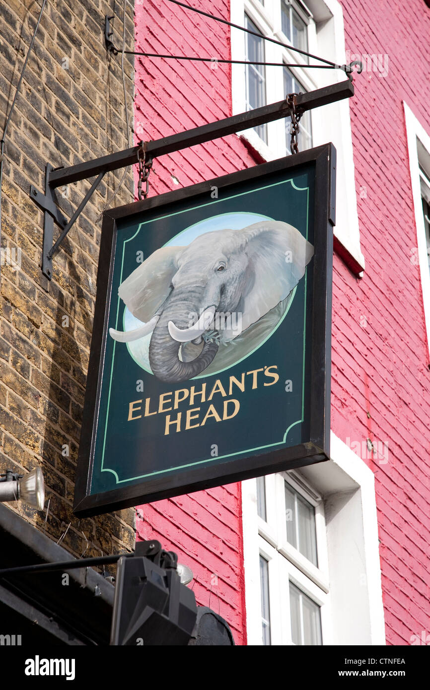 Closeup of Famous Elephants Head Pub Sign, Camden High Street, London ...