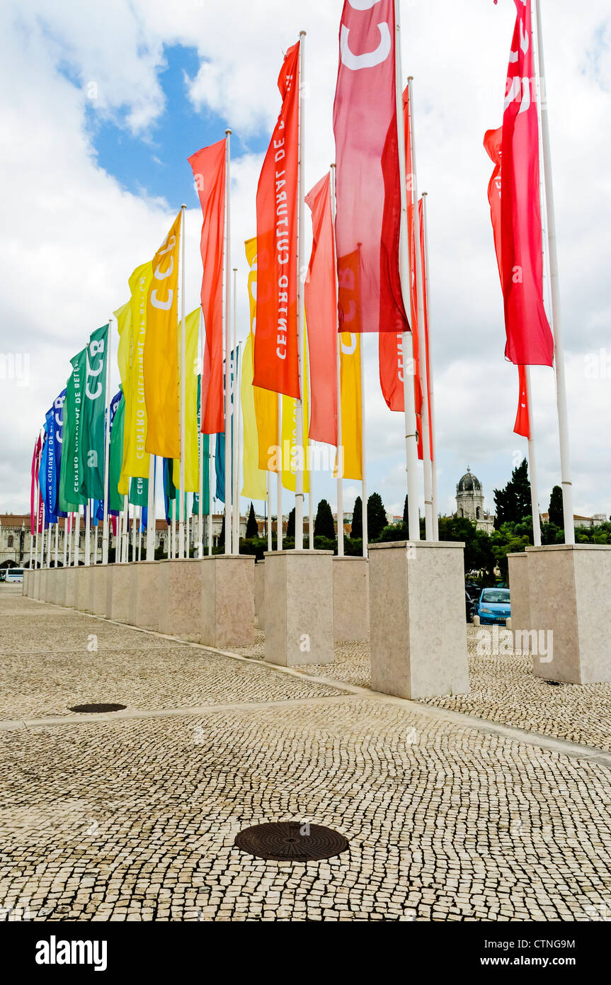 Narrow multi-coloured flags mounted on plinths celebrating the Cultural ...