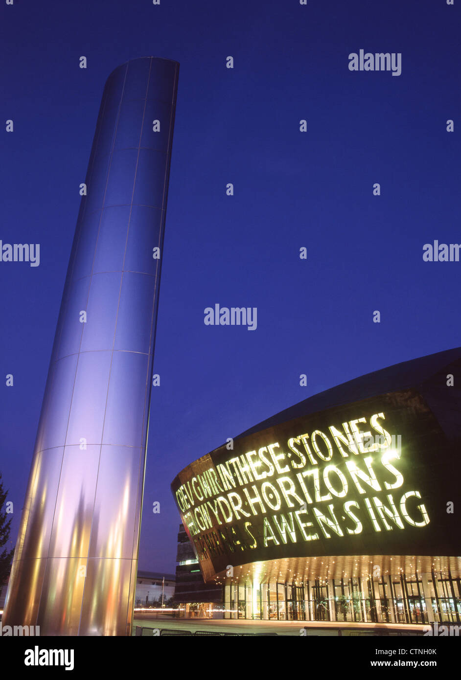 Wales Millennium Centre and Water Tower at twilight / night Cardiff Bay ...