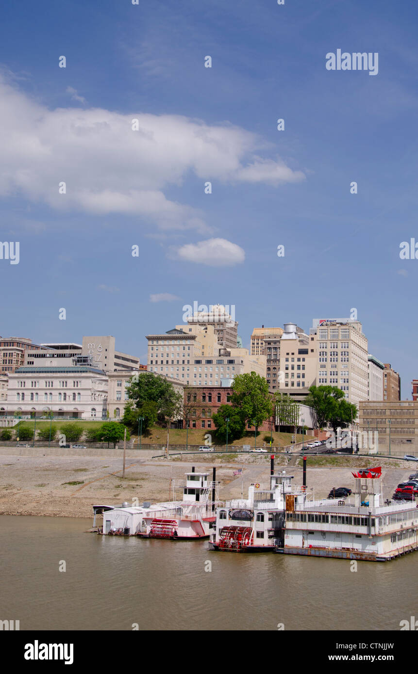 Tennessee, Memphis. Memphis city skyline and riverboat port area from ...