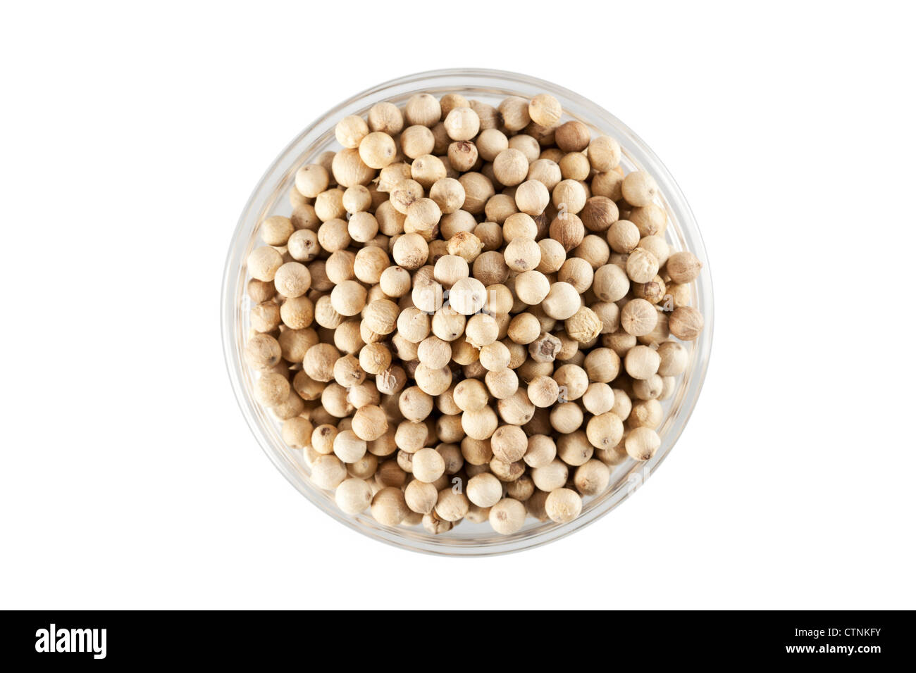 Glass bowl of white peppercorns shot from above and isolated on white ...