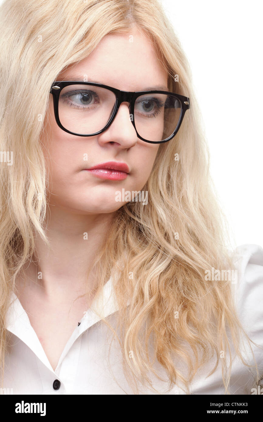 Portrait of beautiful young blond girl, who wearing glasses ...