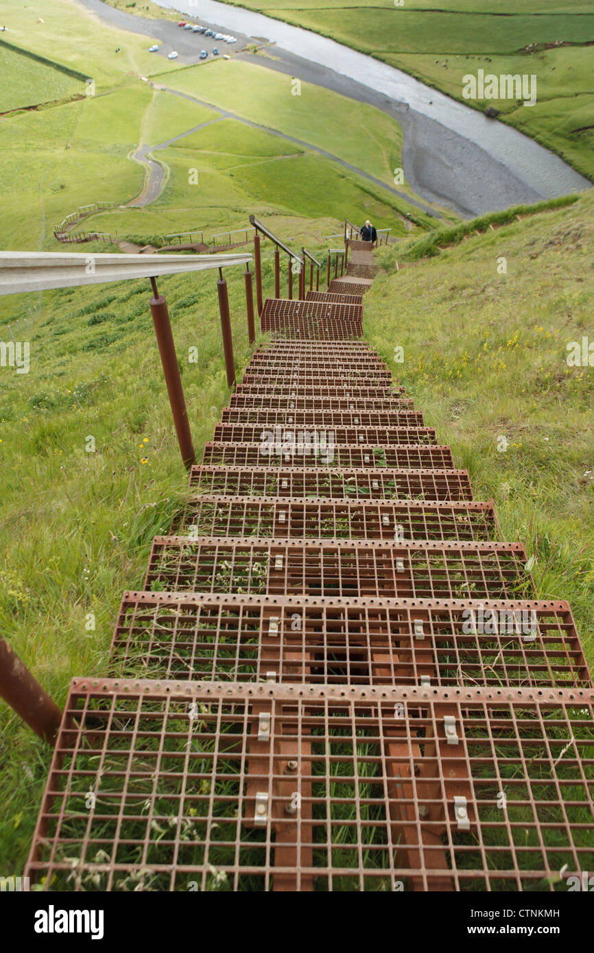 Stairs in Skogafoss waterfall, an extraordinary view. South of Iceland ...