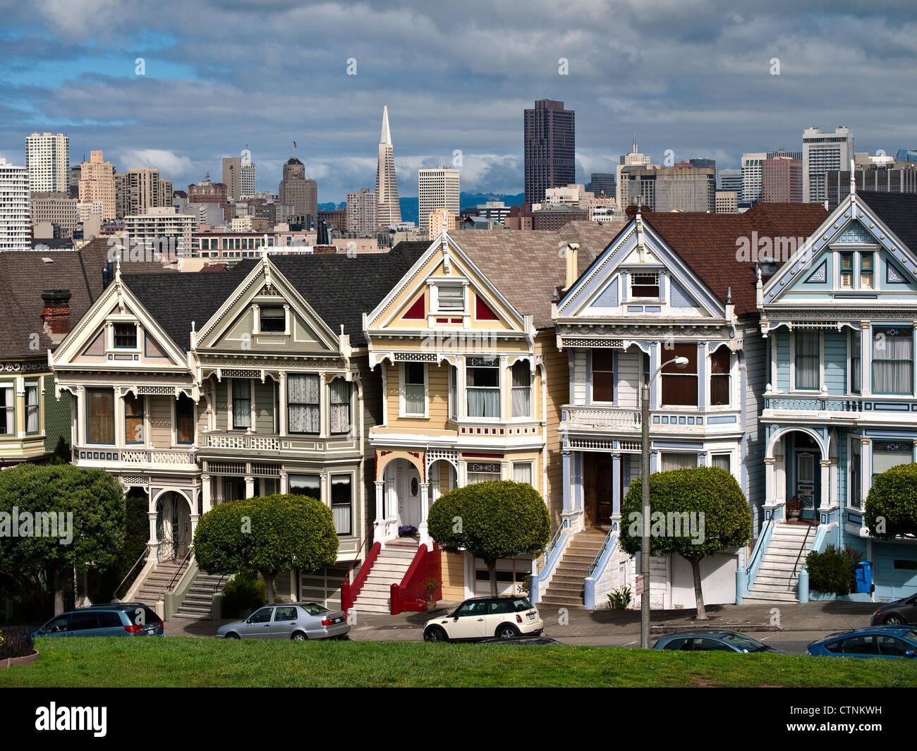 Victorian Houses and San Francisco Skyline from Alamo Square Stock ...