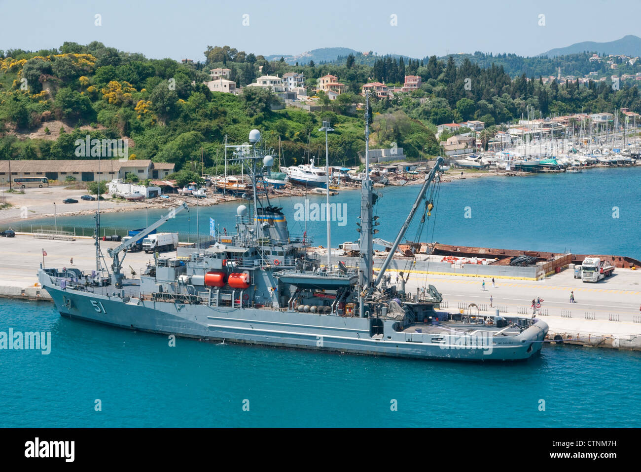 Visiting US Naval Ship Grasp moored in Kerkyra Port, Corfu, Greece ...
