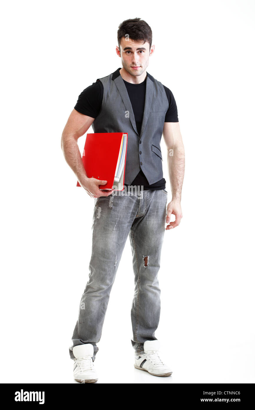 Portrait of young, successful, happy male student. Isolated on white ...