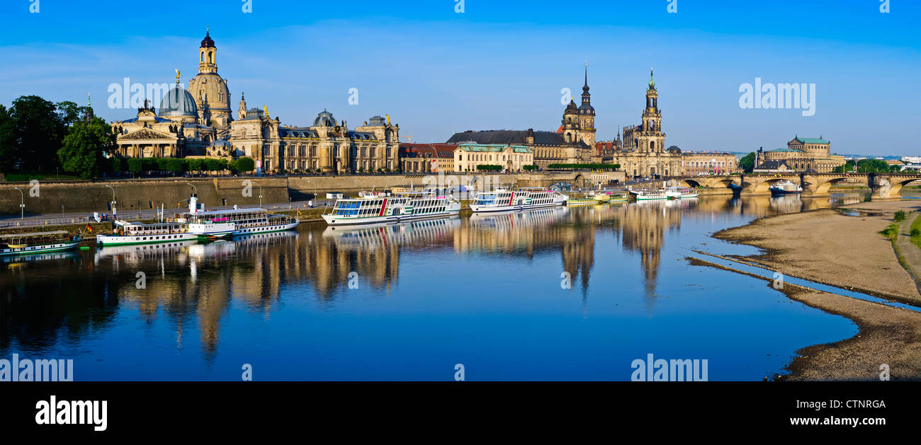 panorama with historic city center of Dresden and Elbe river in Saxony ...