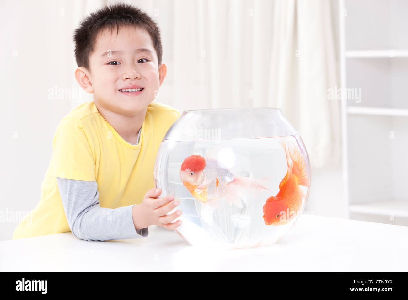 Little boy with goldfish Stock Photo - Alamy