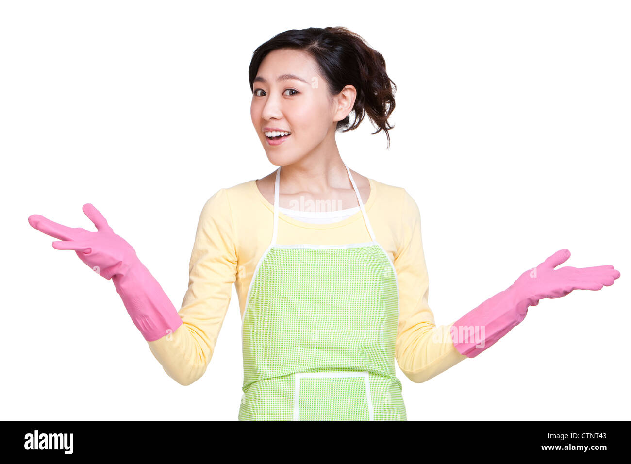 Housewife with washing up glove Stock Photo - Alamy