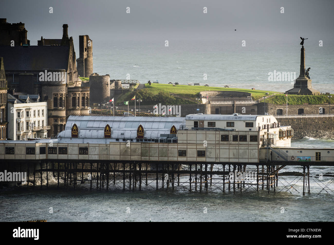 The pier , castle and war memorial, general view of the welsh seaside ...