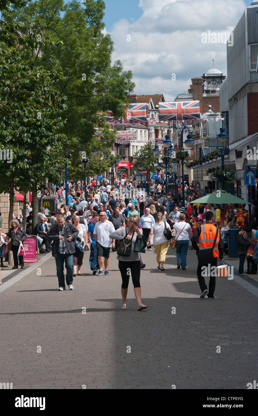 Crowded Town Centre Busy With High Street Shoppers Shopping New Road ...