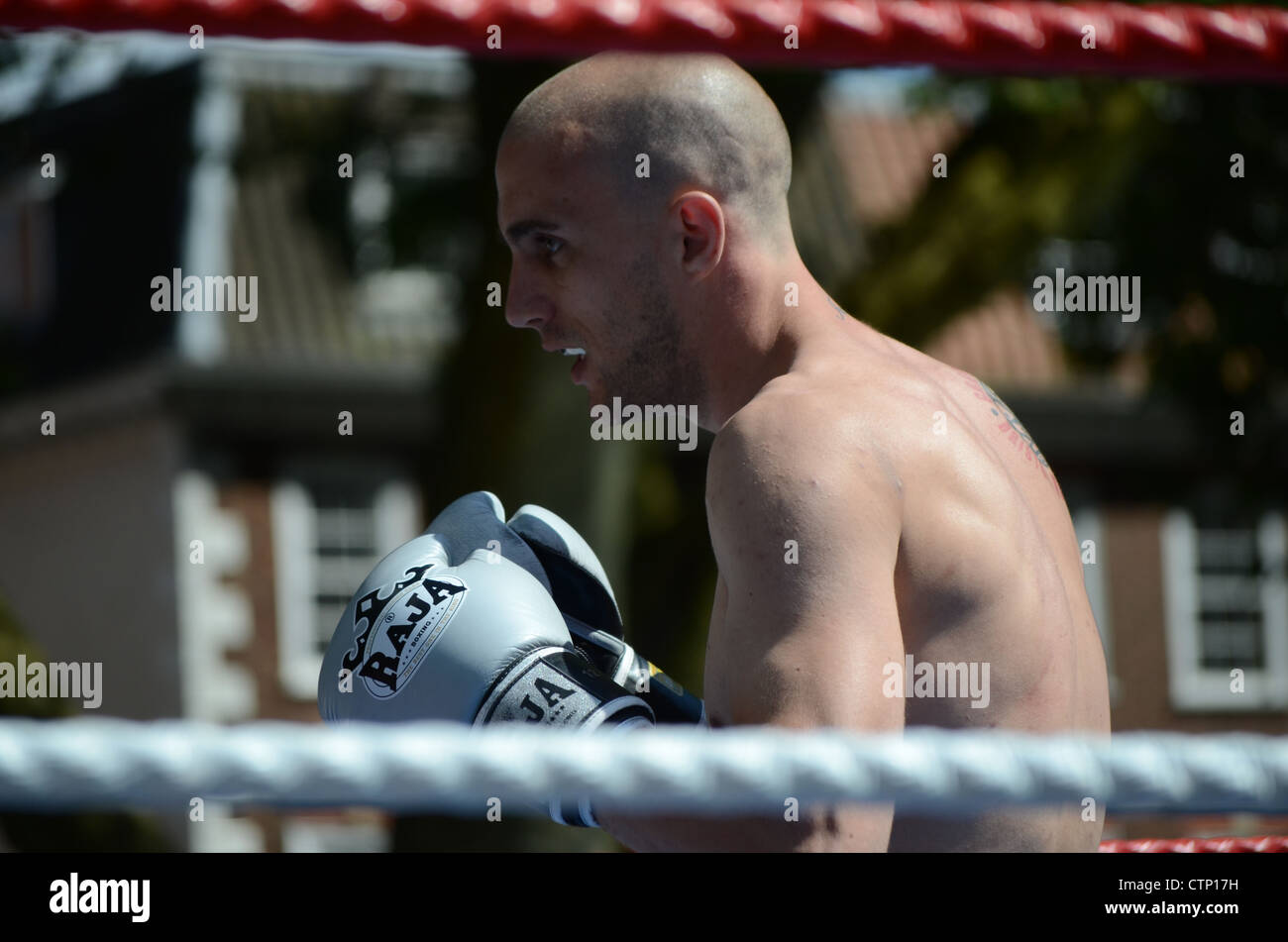 White Thai boxer in boxing ring side view poised Stock Photo - Alamy