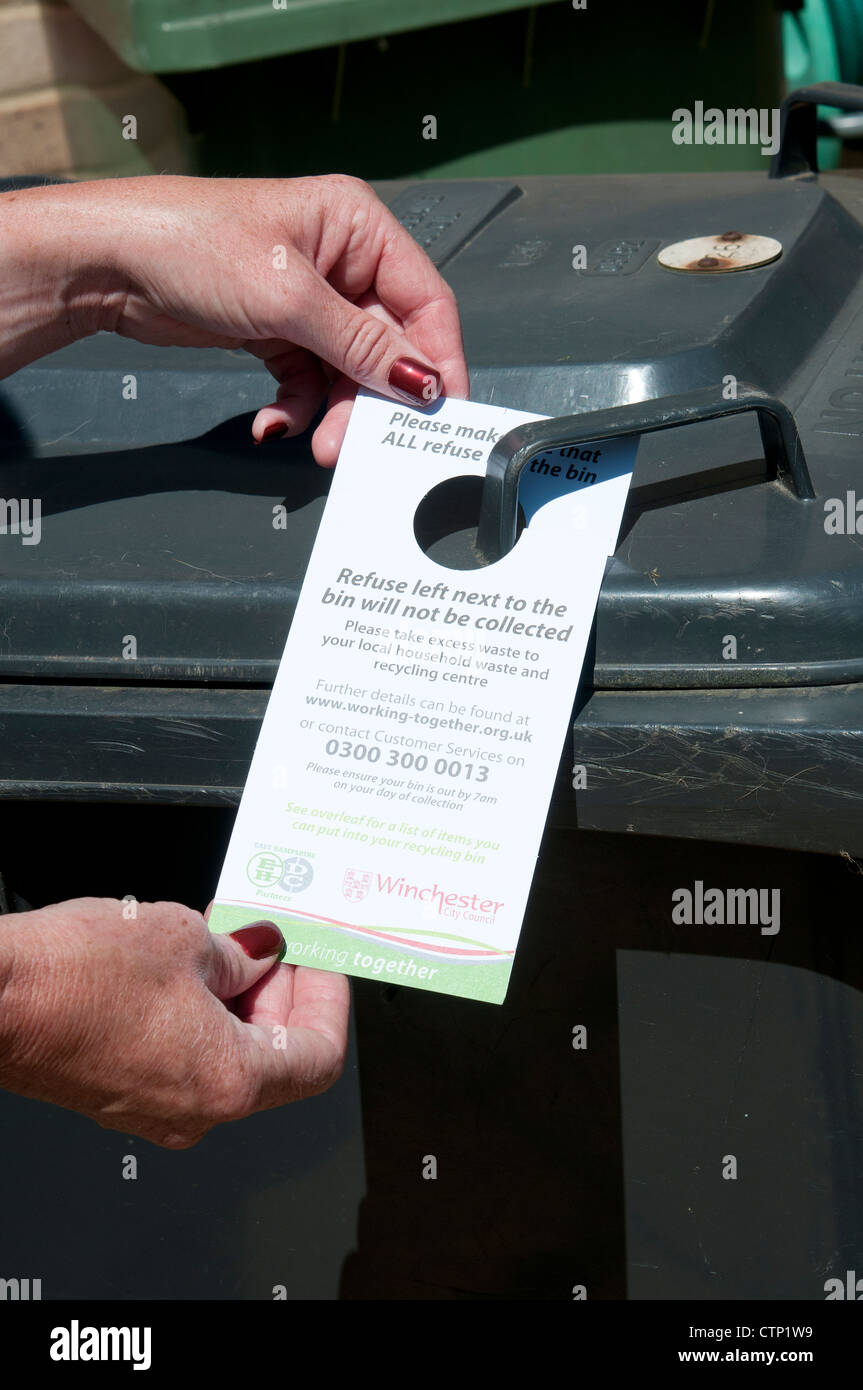 Refuse bin Local Authority label giving instructions on excess waste ...