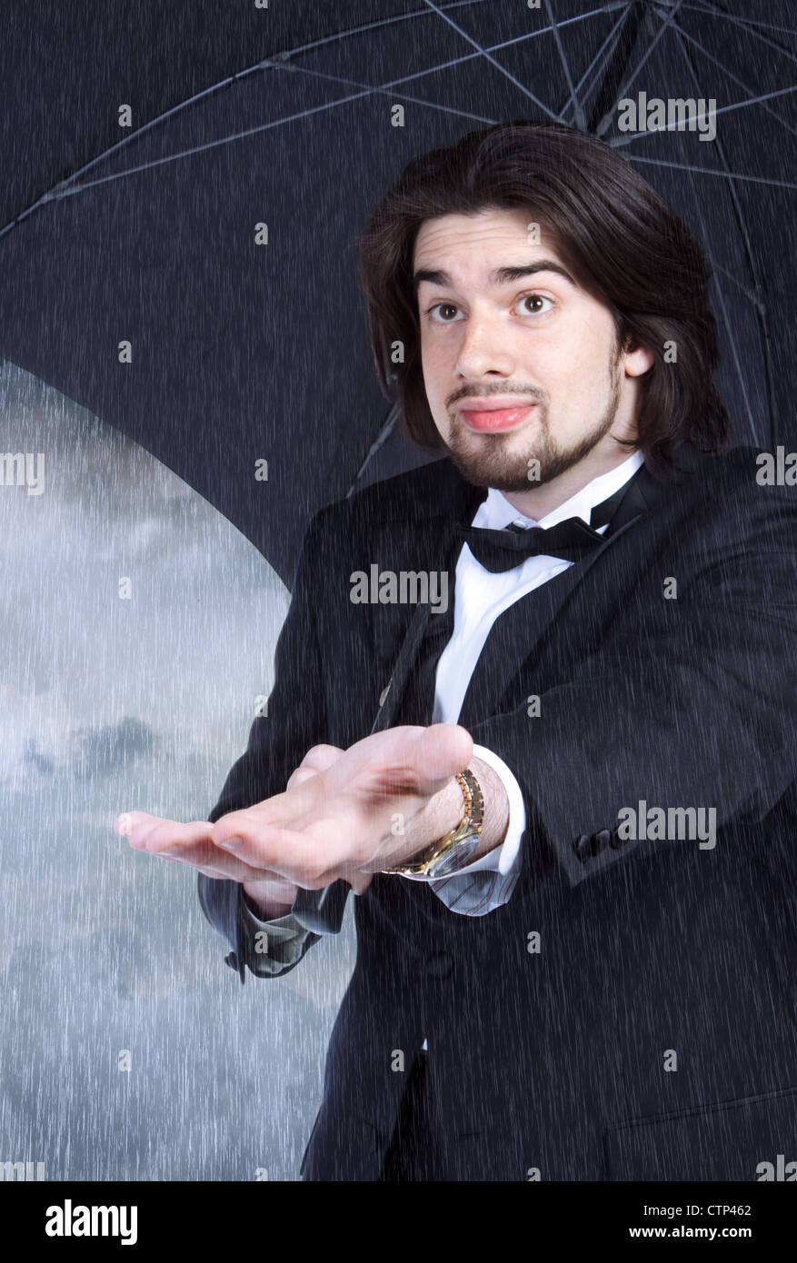 Man with Umbrella Checking for Rain (clearing or coming) Optimistic ...