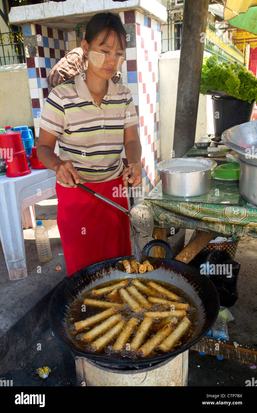 Street food vendor selling egg rolls in (Rangoon) Yangon, (Burma ...