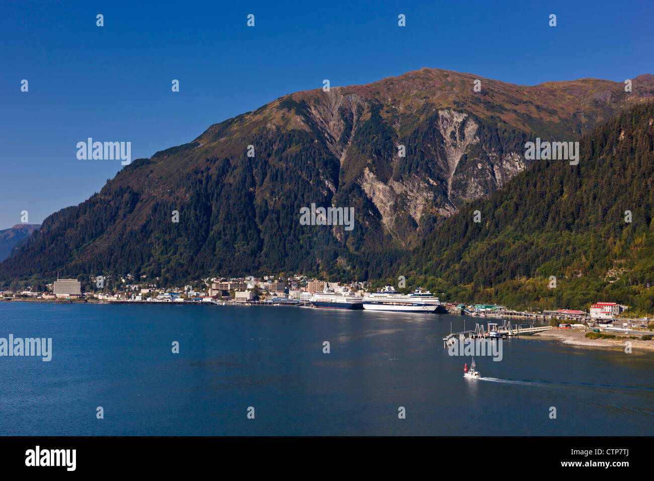 Aerial view of Lynn canal and downtown Juneau with Mount Juneau in the ...