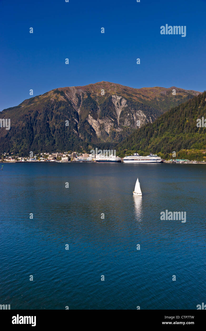 Aerial view of Lynn canal and downtown Juneau with Mount Juneau in the ...