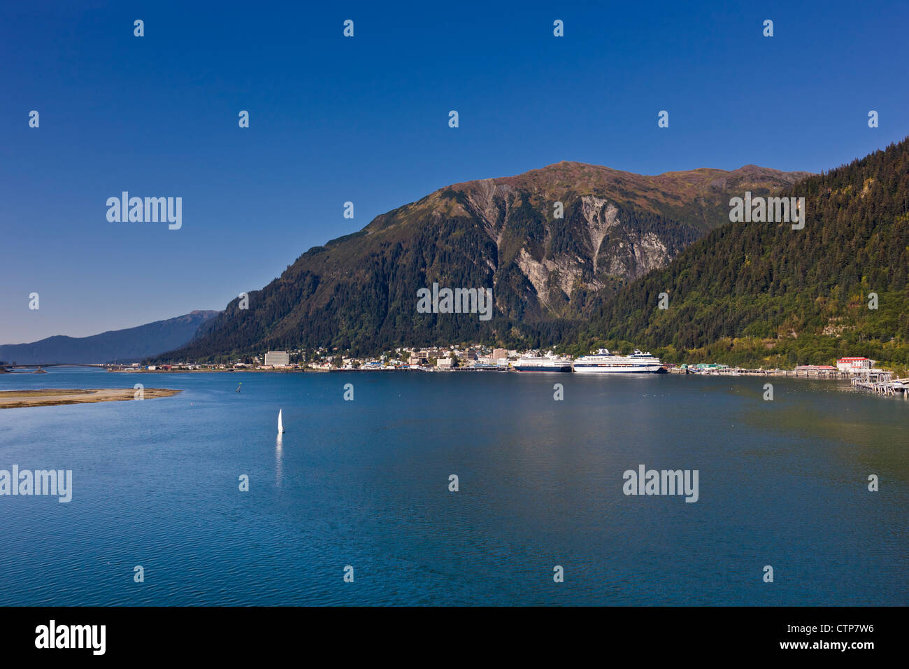 Aerial view of Lynn canal and downtown Juneau with Mount Juneau in the ...