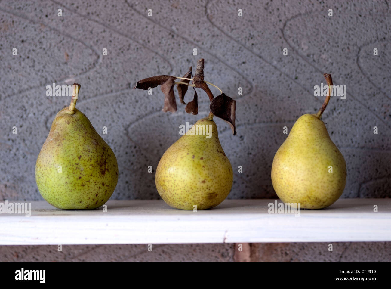 A graphic image of three Guyot pears on a shelf against a grey textured ...