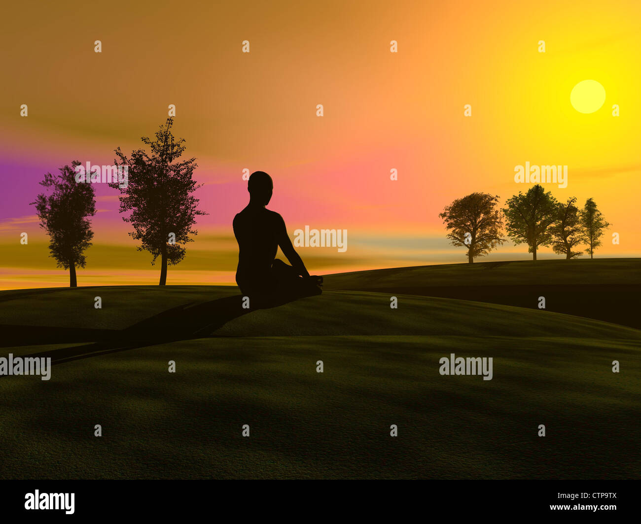 Shadow of a man meditating in the nature, on the grass next to trees by ...