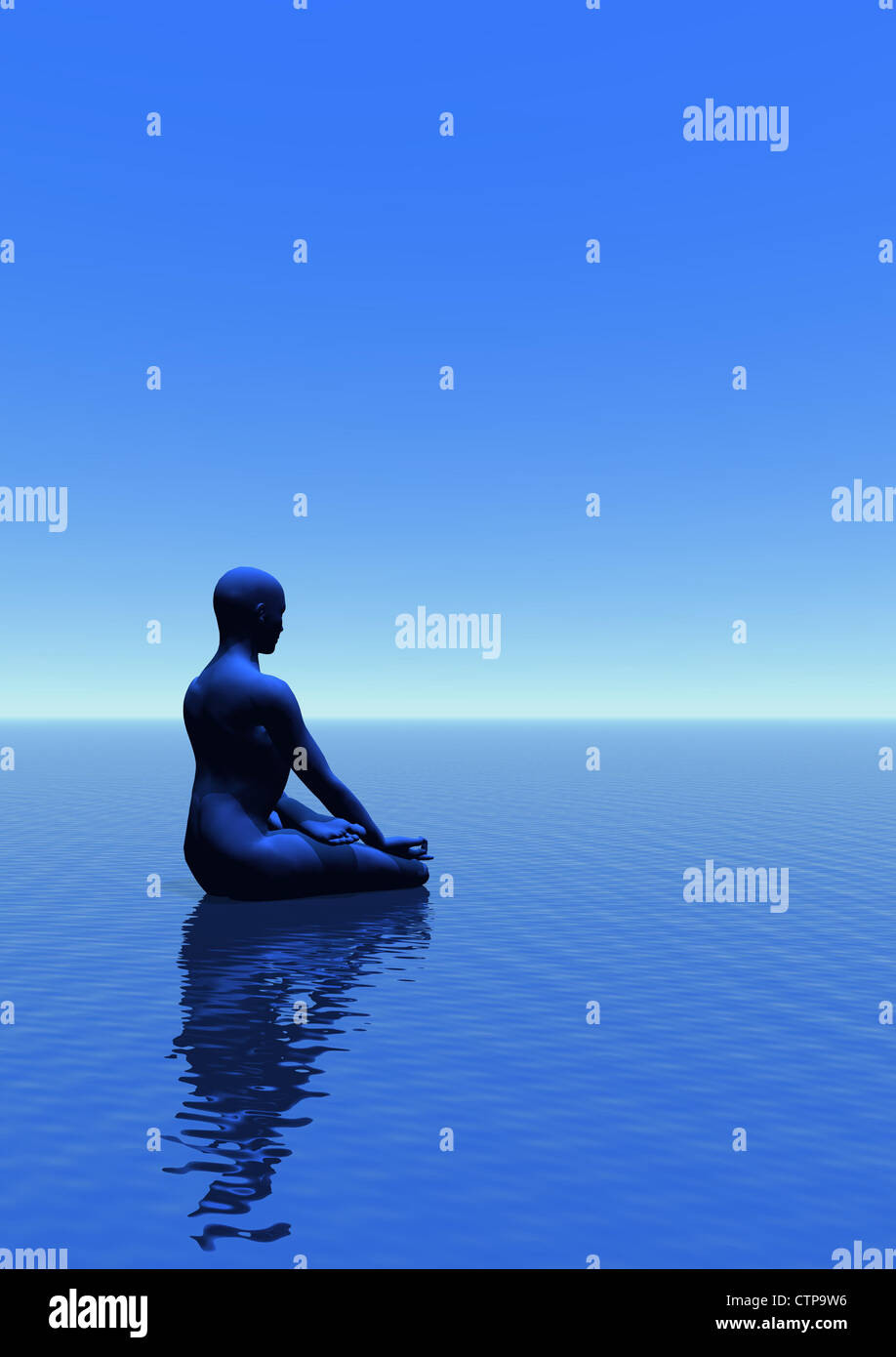 Man meditating upon the ocean in blue empty background Stock Photo - Alamy