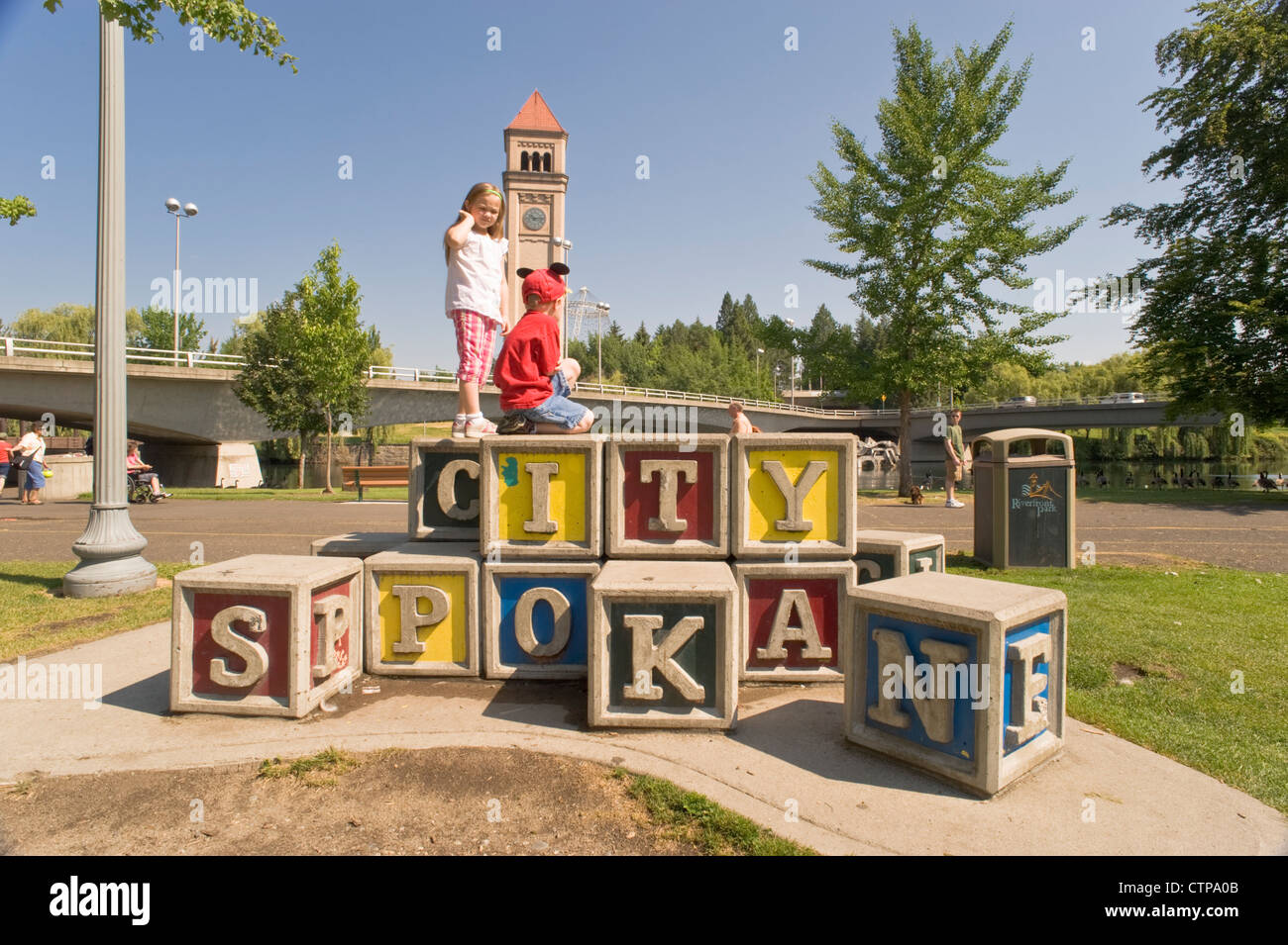 Children playing on the oversize blocks at Riverfront Park, in Spokane ...