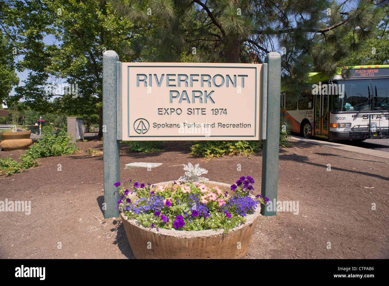 Sign for Riverfront Park, site of EXPO '74, in Spokane, Washington, USA ...