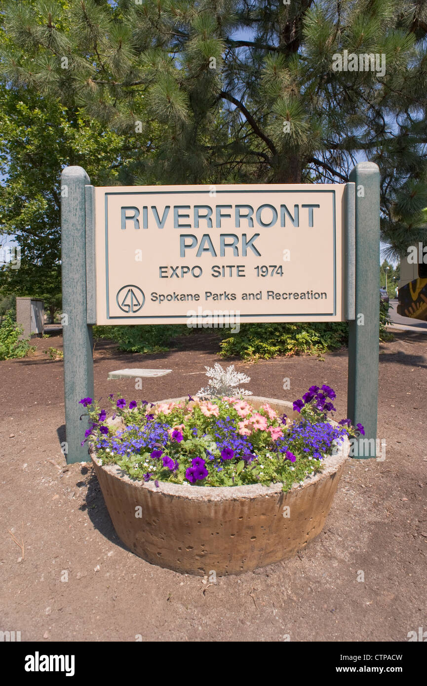 Sign for Riverfront Park, site of EXPO '74, in Spokane, Washington, USA ...