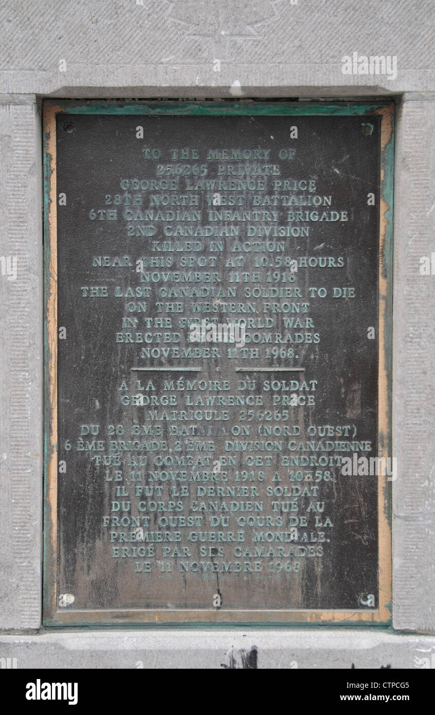 Memorial to Private George Lawrence Price, Ville-sur-Haine, Belgium ...