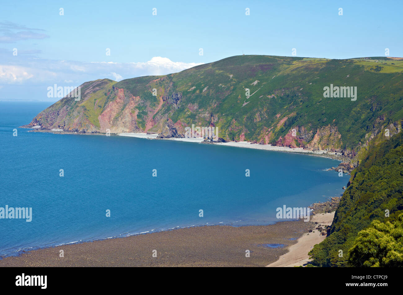 Beach at Lynton, Devon showing rocky and stony nature with steep Old ...