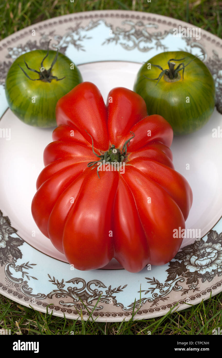 Giant Pink Beef (Zapotec Pleated) and Green Zebra Tomatoes on plate ...