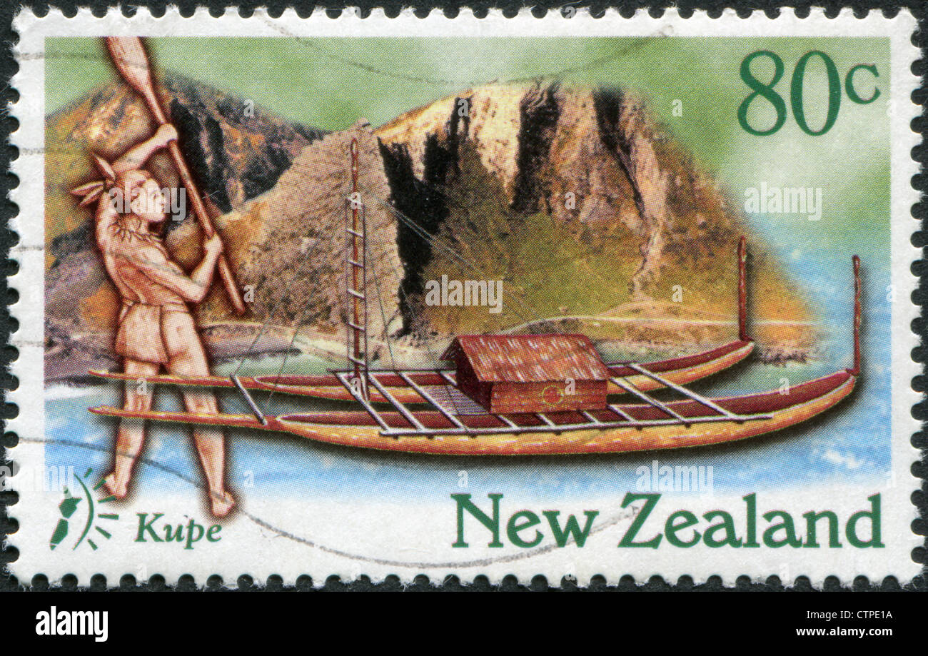 Postage stamps printed in New Zealand, shows Kupe, a Maori mythology ...