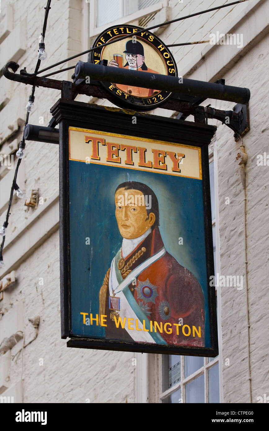 The Wellington; a Tetley painted Pub sign in Whitby a coastal town in ...