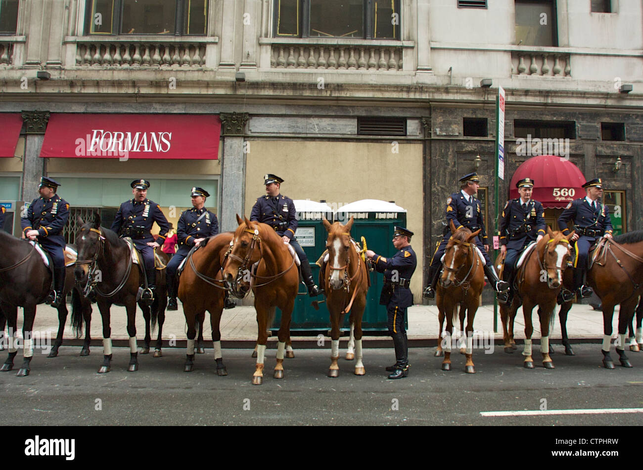 Members of the NYPD Mounted Unit getting ready for the St. Patrick's ...