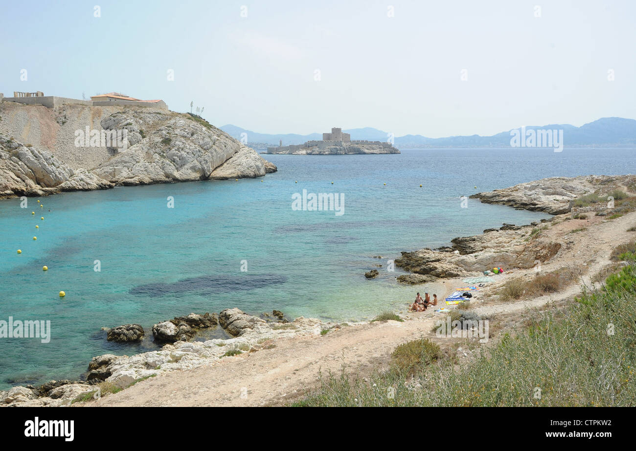 View of the chateau d'If from a small beach on the Frioul island, near ...